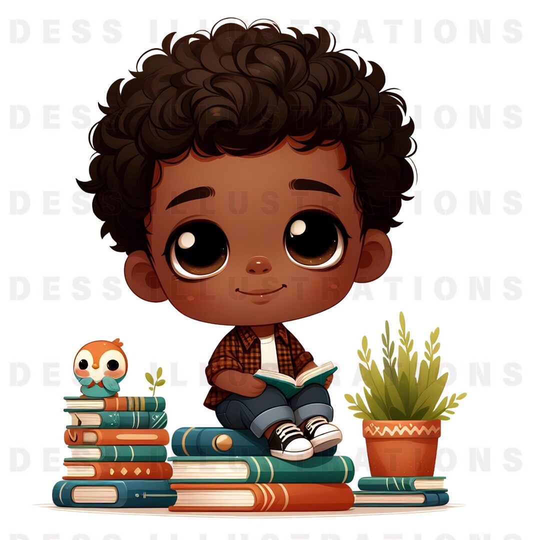 Little Black Boy Sitting on Books PNG Art, Digital Download, African ...