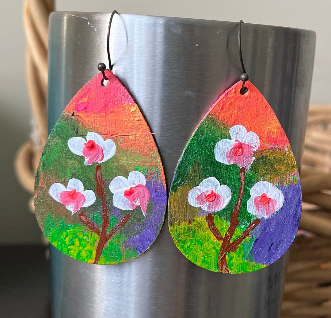 Hand Painted Flower Abstract Wooden Dangle Earrings. Pink Peach Green ...