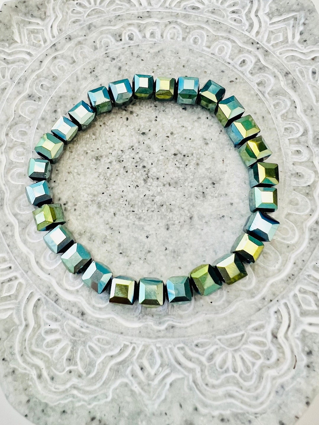 Geometric Bead Bracelet, Cube Reflective Accents, Beveled Blue Sparkly ...