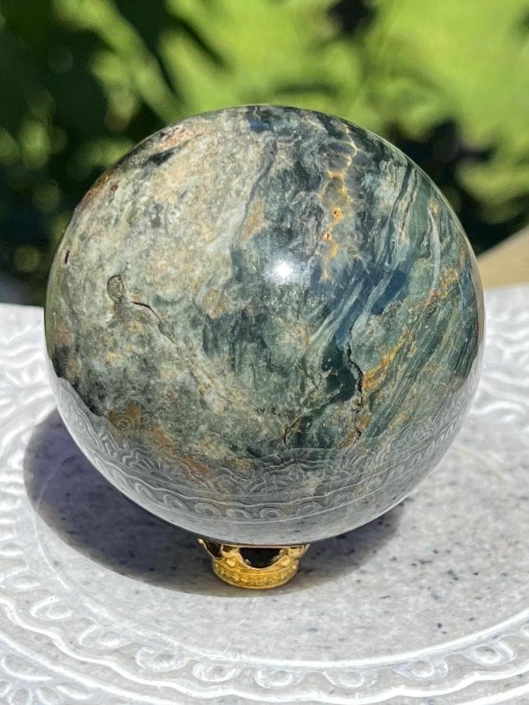 Indian Agate Sphere With Stand, 248g, Fancy Jasper Stone, Green ...