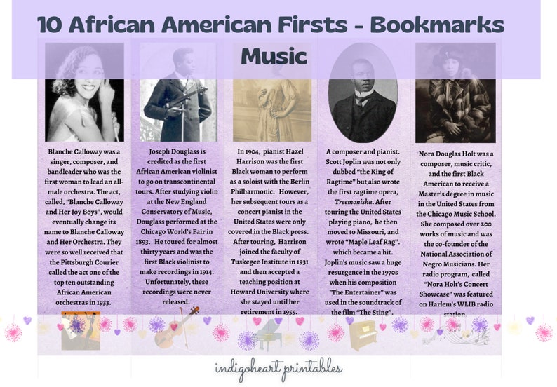 African American Firsts Bookmarks | Music | Black History Month ...