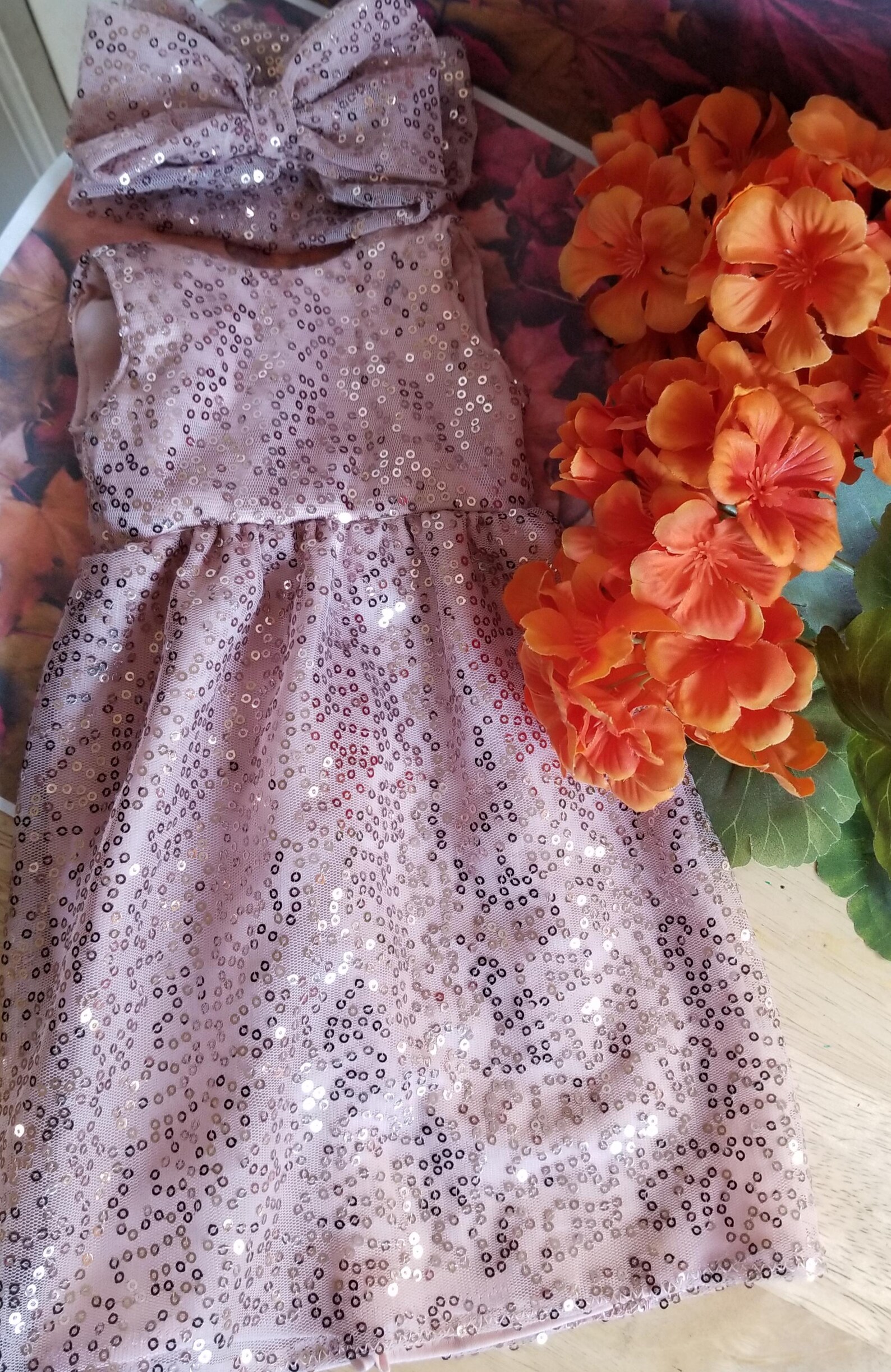Beige/rose Colored Sparkle Sequin Dress With Hair Accessorie and Fluffy ...