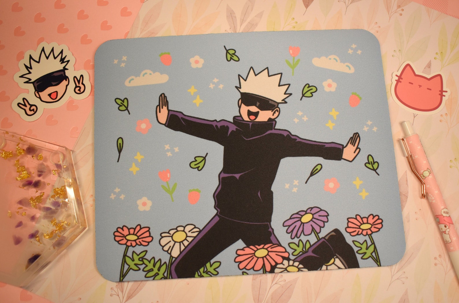 Satoru Gojo Mouse Pad Deskmat Anime Jujutsu Kaisen Hearts Flowers Cute ...