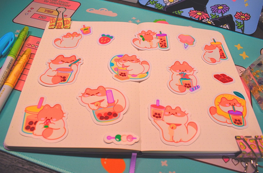 Boba Cat Sticker Bundle Boba Cats Food Cute, Kawaii Trendy, Aesthetic ...
