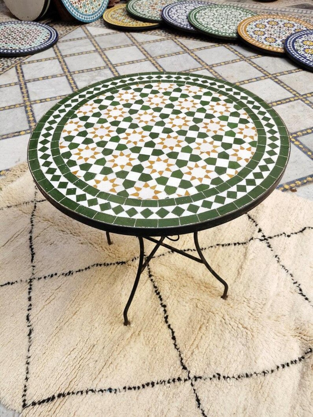 Moroccan Fez Mosaic Table, Round Green Zellige Table, Outdoor Garden ...