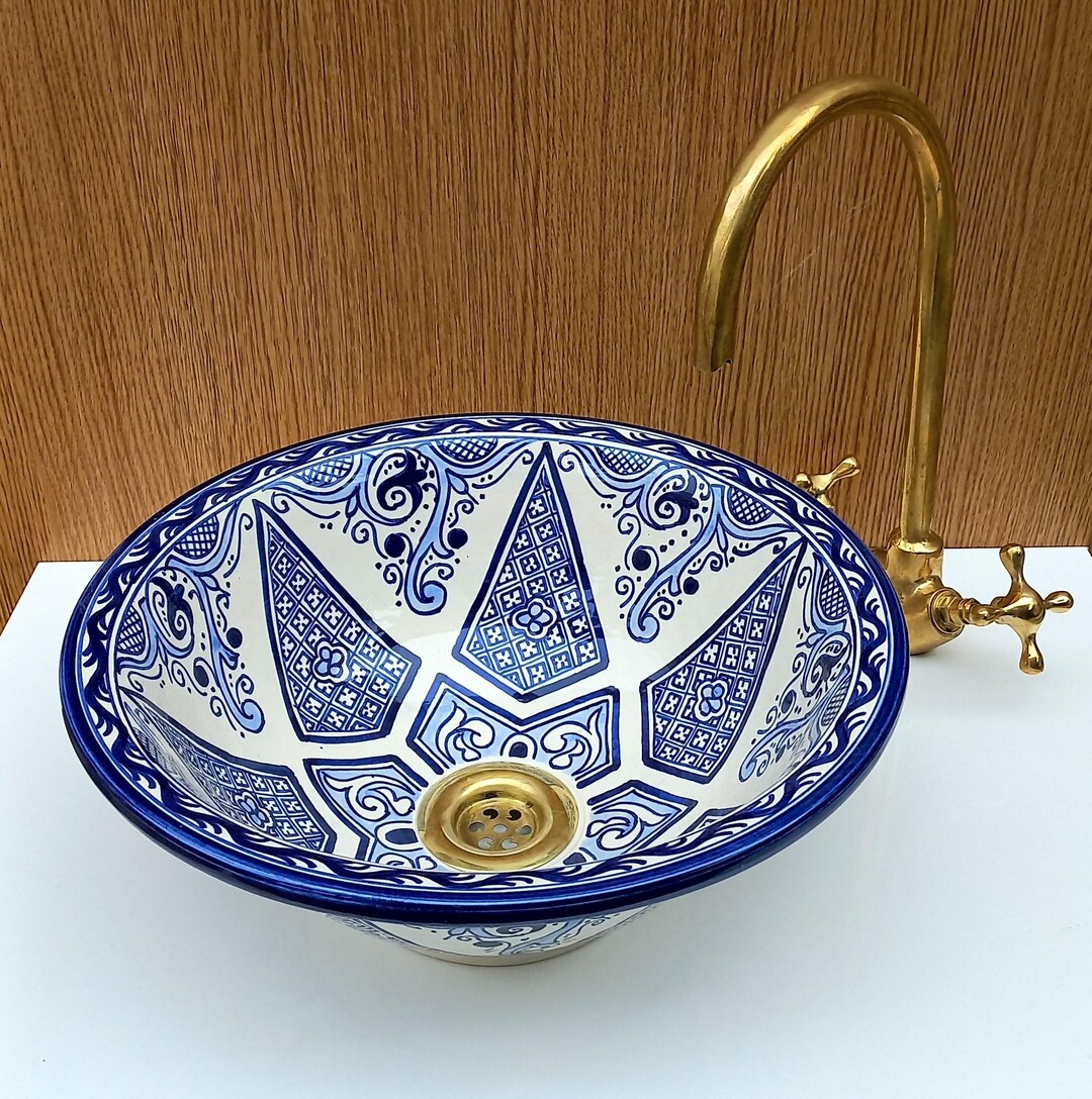 Handmade Moroccan Ceramic Vessel Sink | Blue Geometric Star Basin| Sink ...