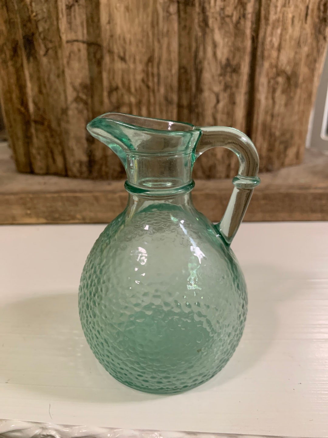 Small Vintage Heavy Clear Green Glass Pitcher With Handle in Excellent ...