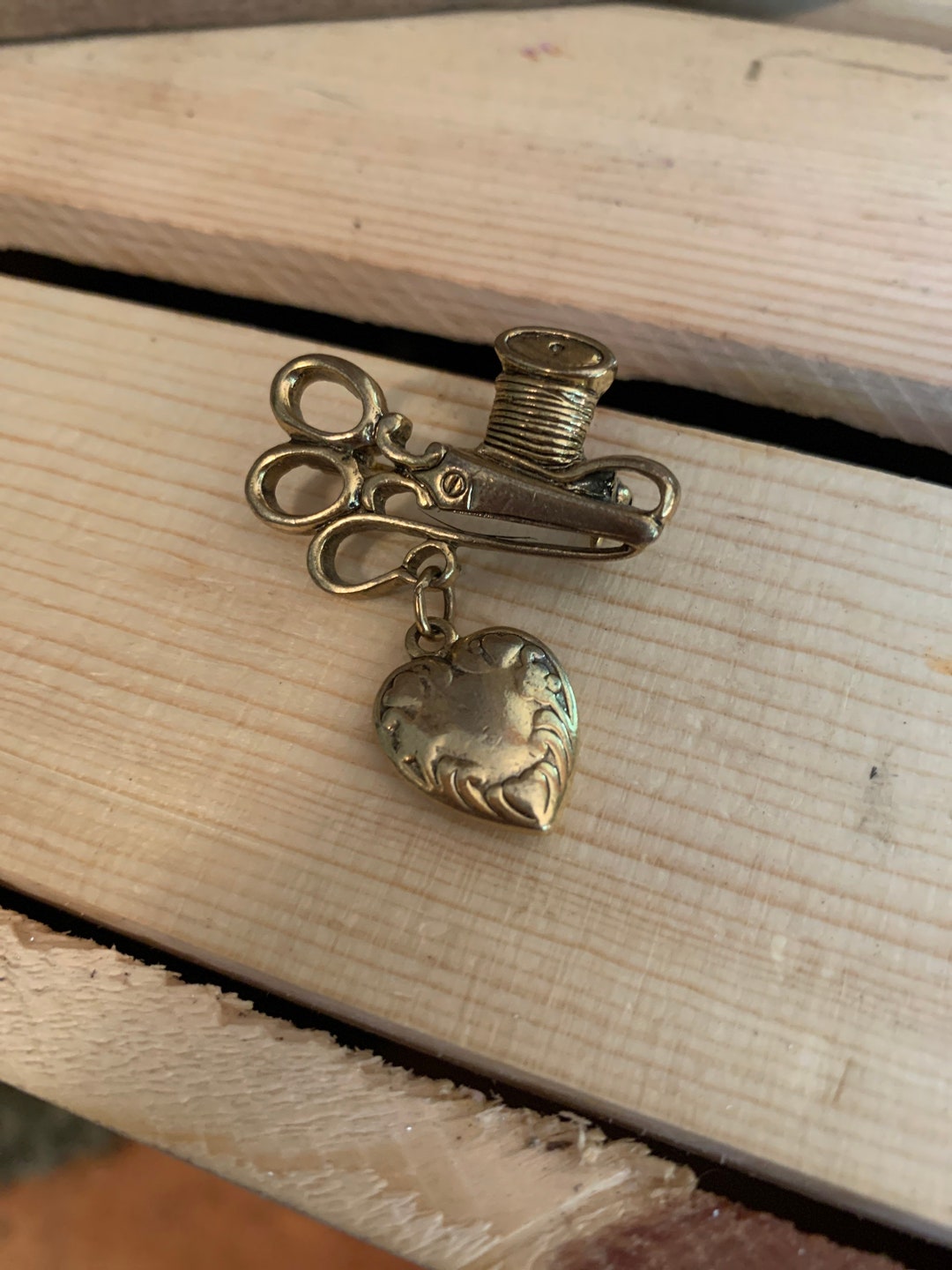 Vintage Gold Sewing Brooch With Scissors and Thread and Dangle - Etsy