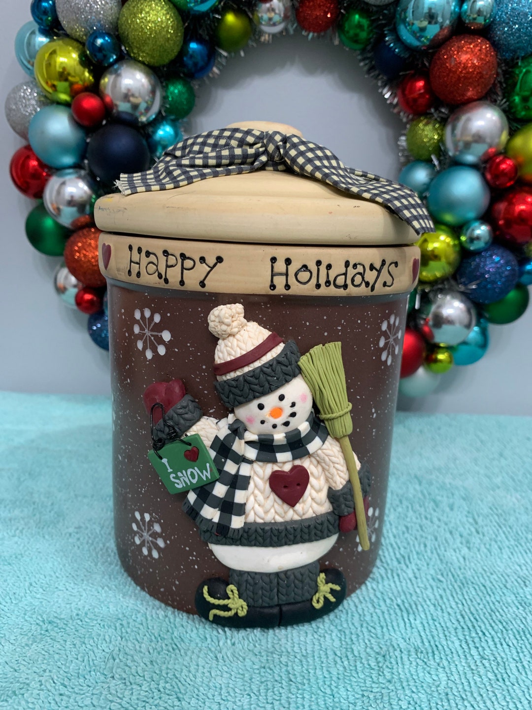 Christmas Snowman Cookie Jar- Heavy Vintage Lidded Candy or Cookie Jar ...