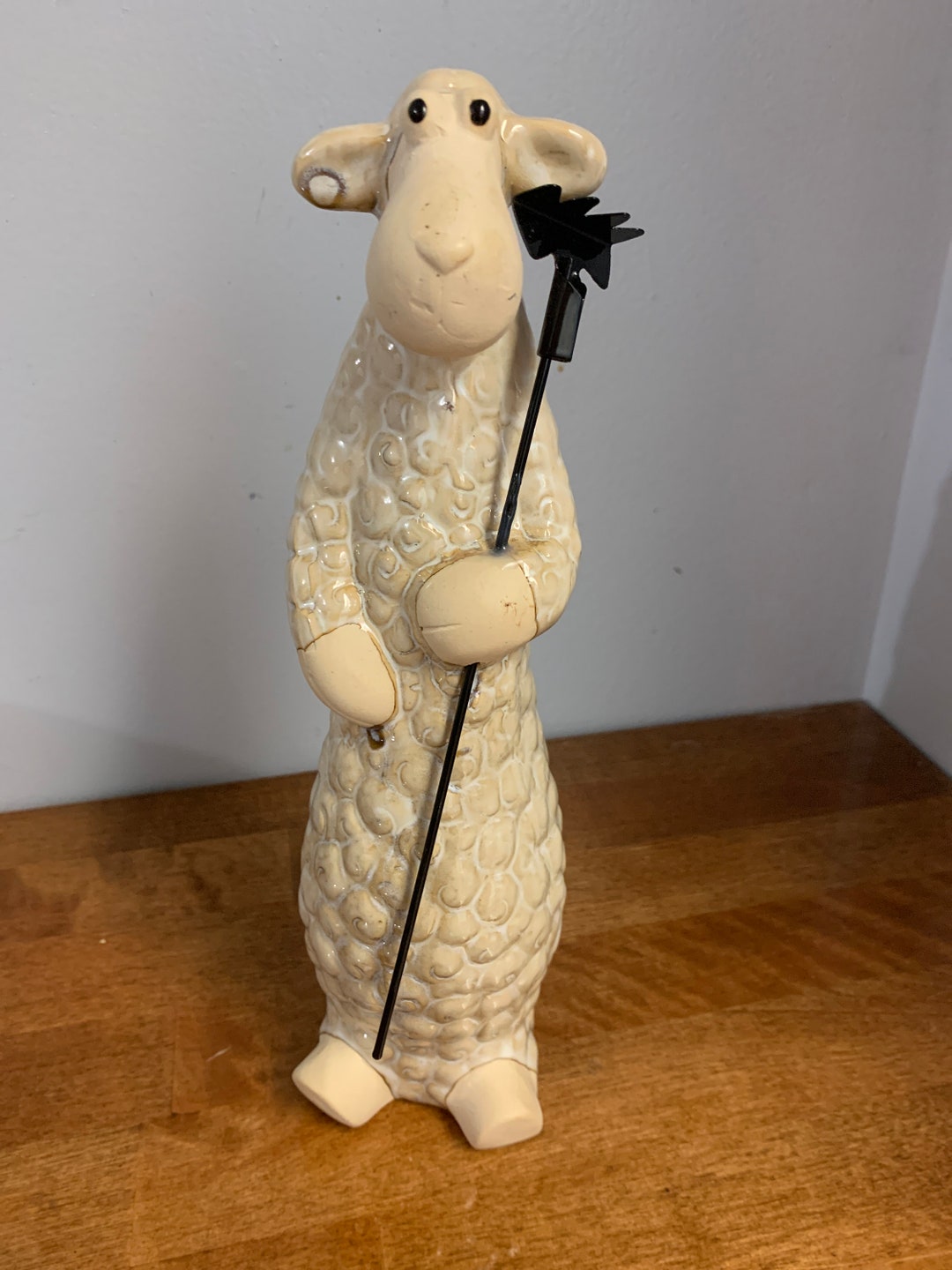 Tall Hand Made Whimsical Sheep Figurine With Rake- Vintage Hand Made ...