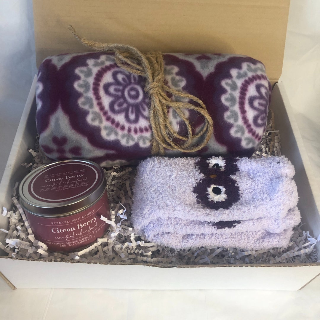 Purple Blanket Gift Basket, Thinking of You Gift Box, Birthday Gift Box ...