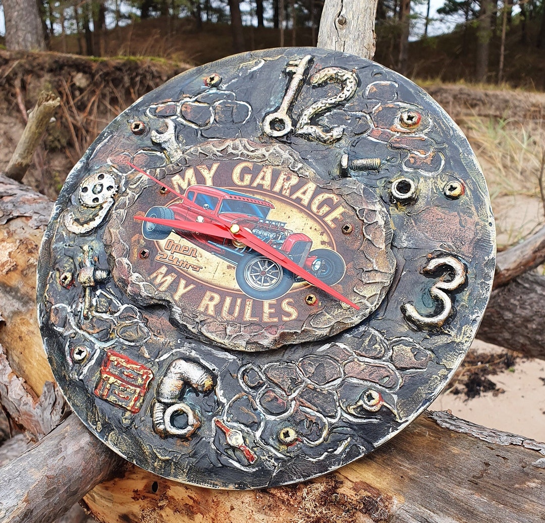 Garage Wall Clock/ Crafted Car Biker Gift Men Wood Clock/ Hand Made ...