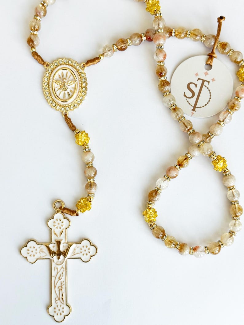 Handmade Citrine Rosary: Gold Holy Spirit Medal, Catholic Prayer Beads ...