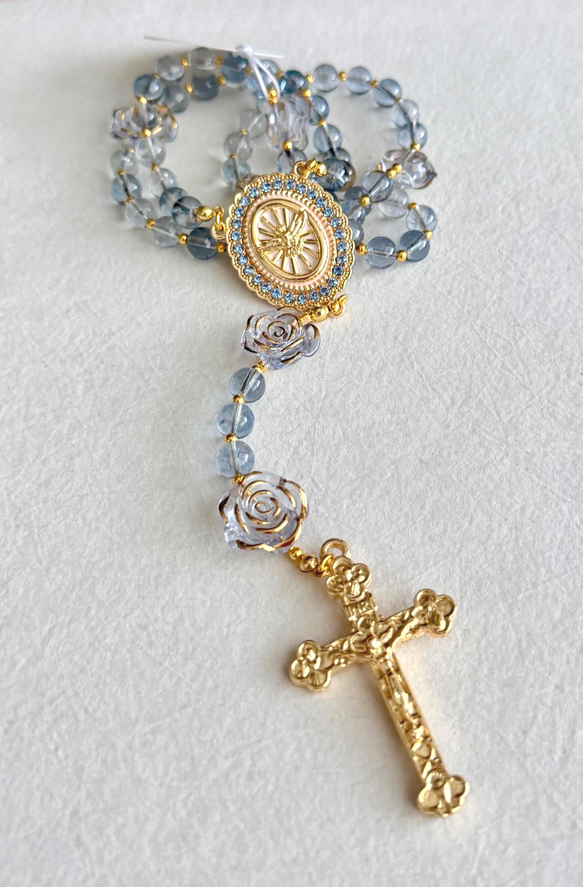 Something Blue Wedding Bride Holy Spirit Rosary • Glass Topaz & Rose ...