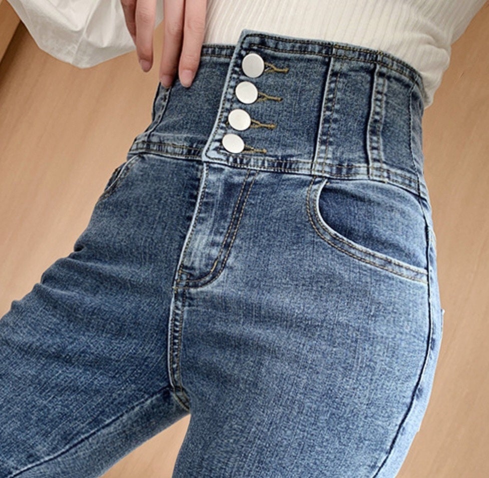 High Waist Button up Silver Detail Flare Denim Jeans, Light Blue Wash ...