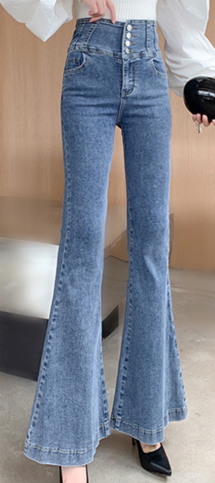 High Waist Button up Silver Detail Flare Denim Jeans, Light Blue Wash ...