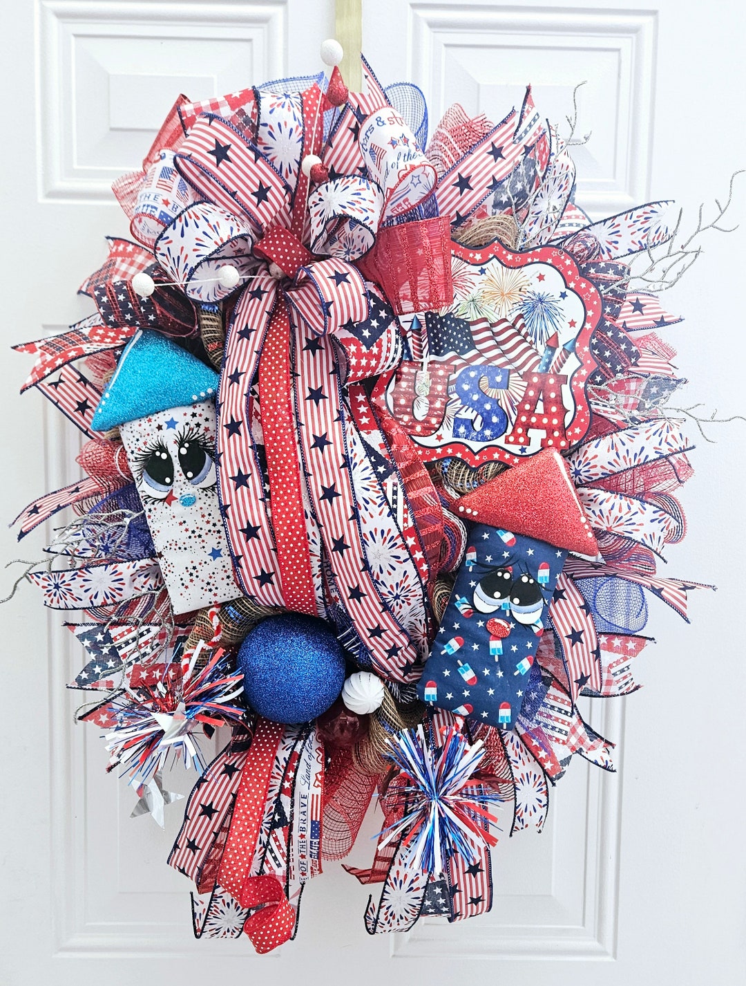 USA Patriotic Fireworks Wreath, America Door Hanger, Independence Day ...