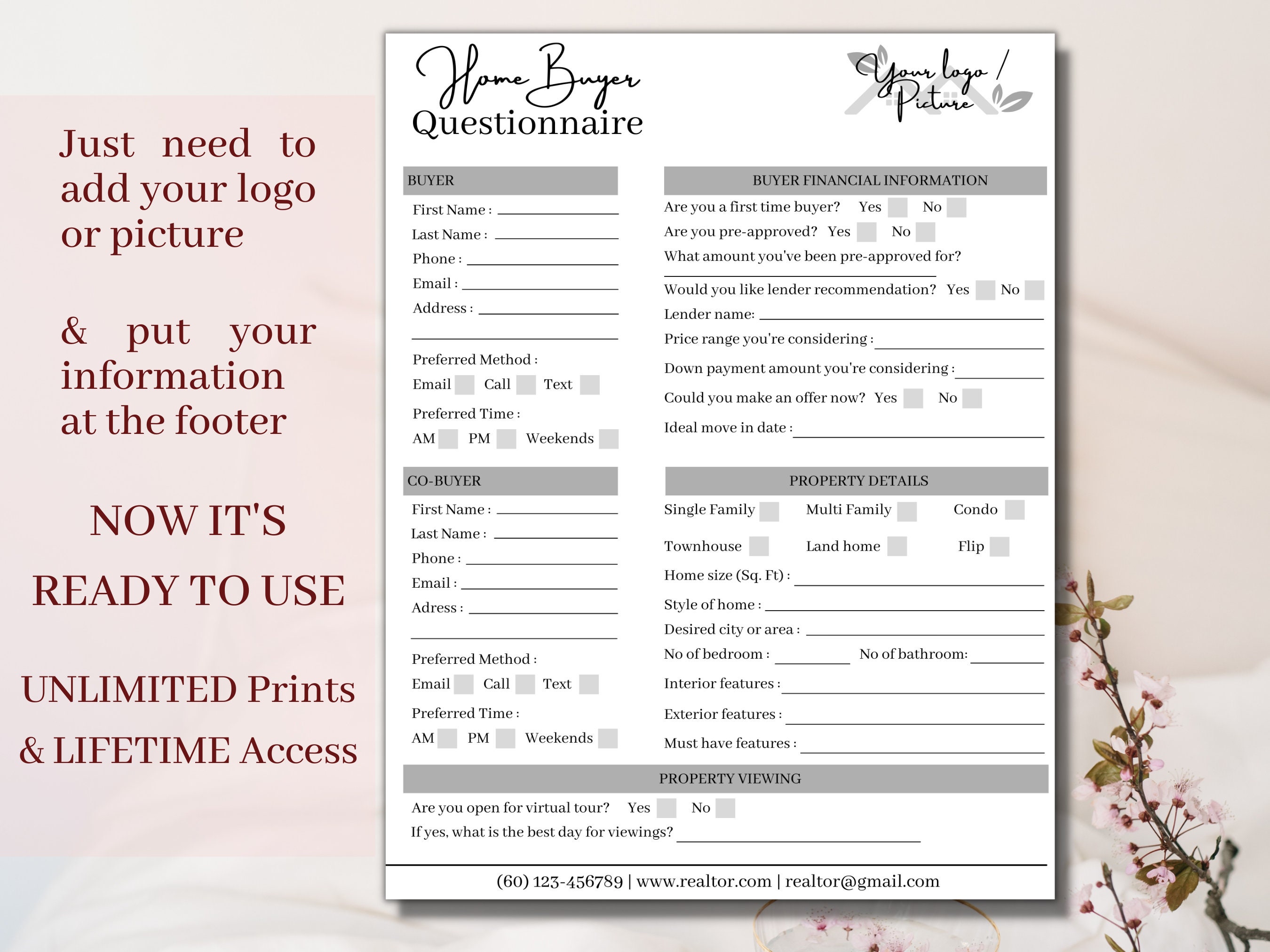 Home Buyer Real Estate Questionnaire Sheet Form, Realtor Clients ...