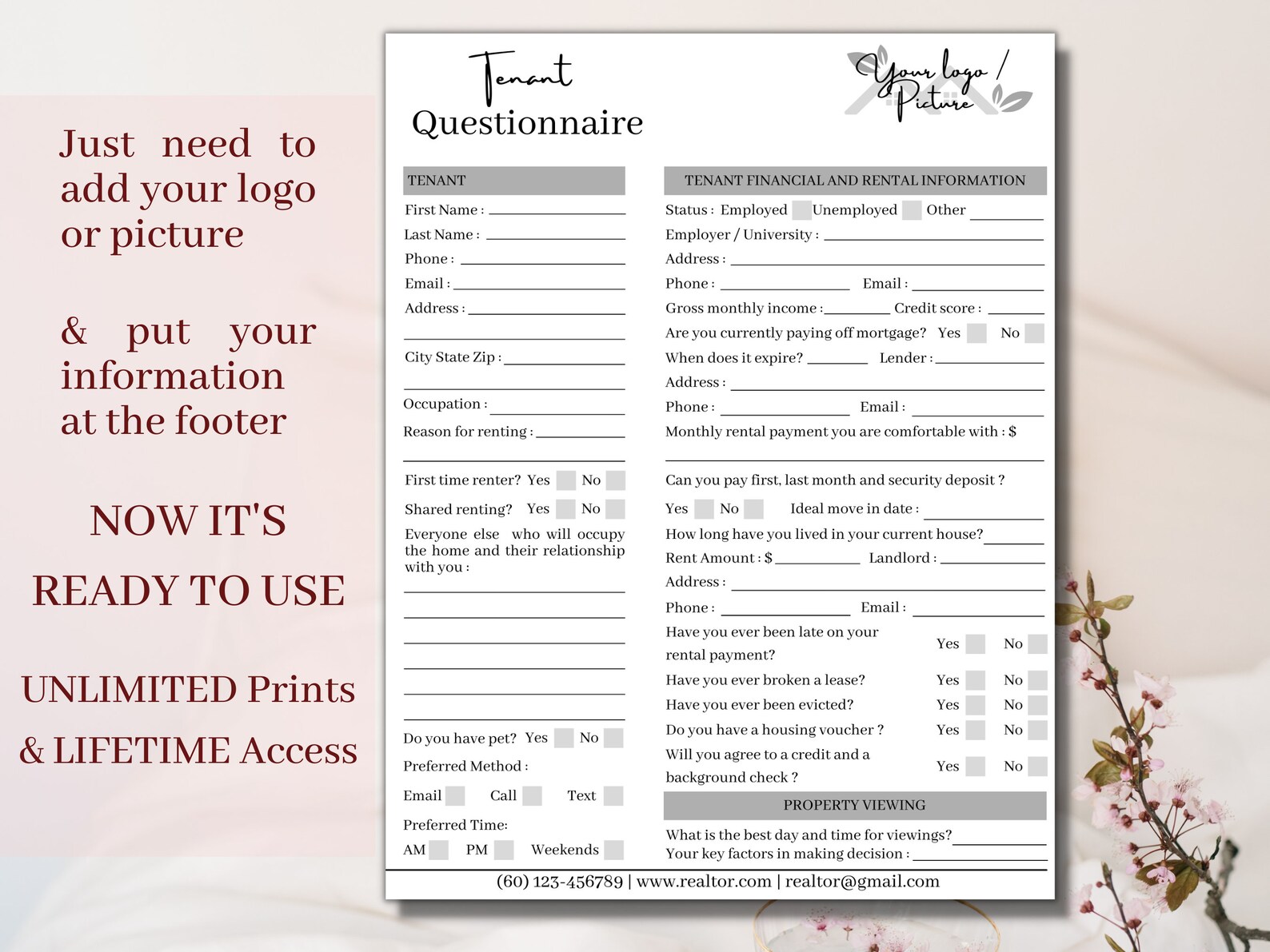 Tenant Rental Home Real Estate Questionnaire Application Sheet Forms ...