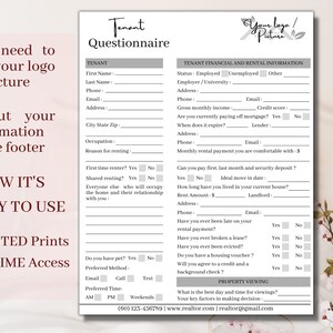 Tenant Rental Home Real Estate Questionnaire Application Sheet Forms ...