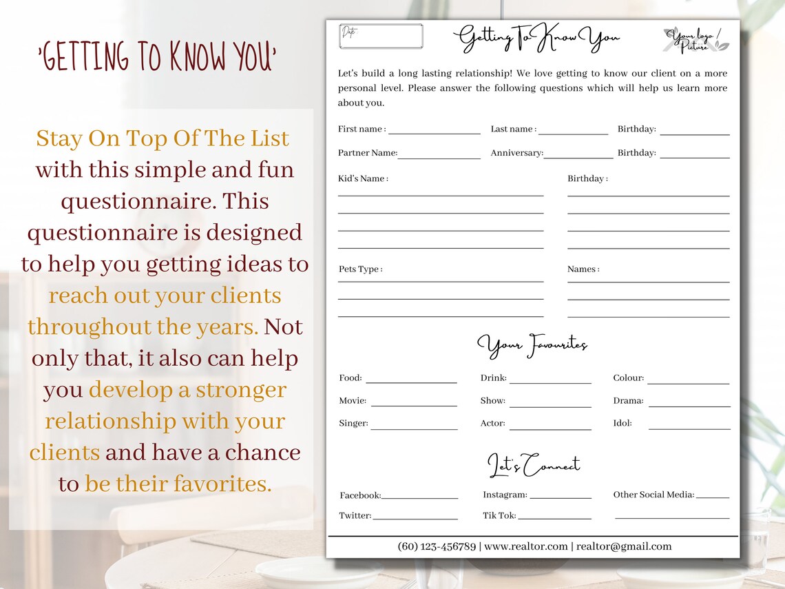 Getting to Know You Client or Company Employee Staff Questionnaire Form ...