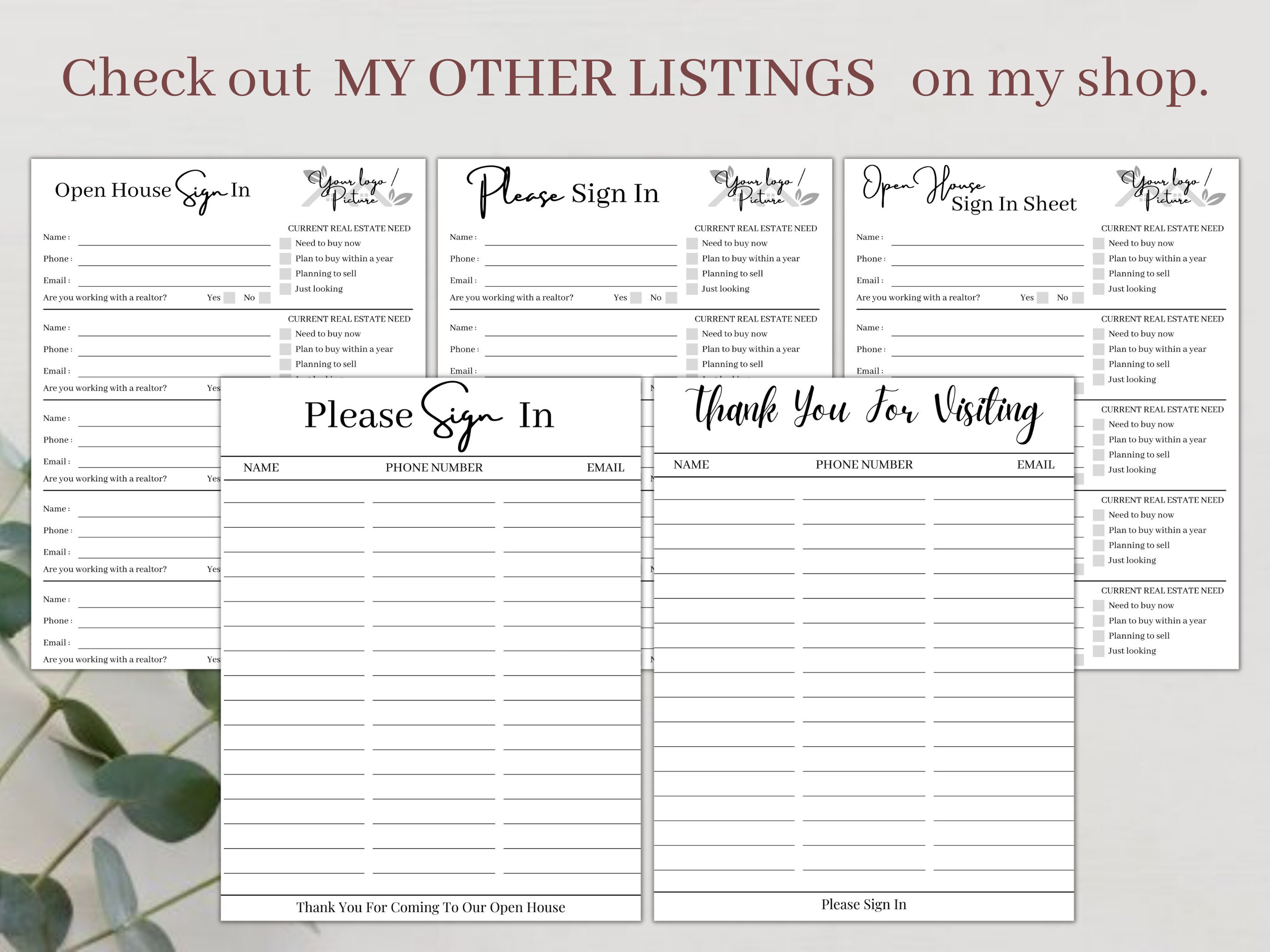 Realtor Open House Sign in Form Sheet, Real Estate Branding Marketing ...