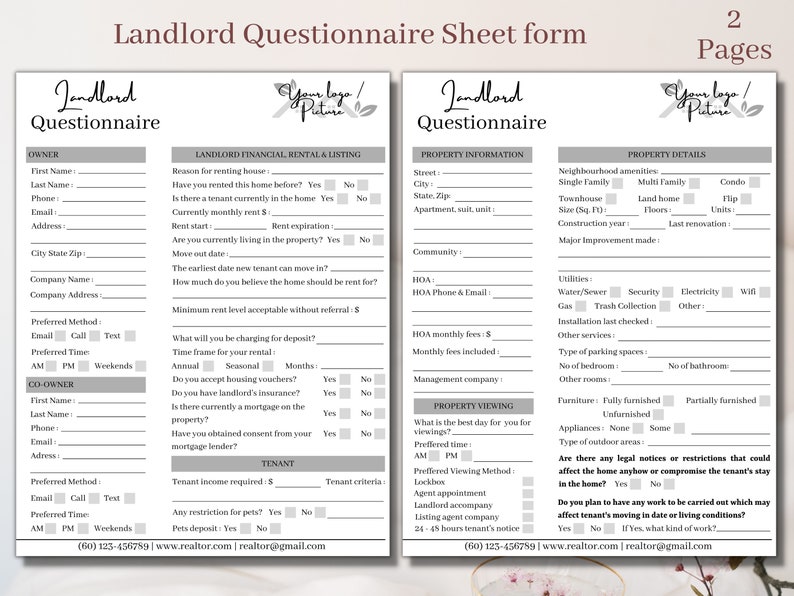 Landlord Home Rental Real Estate Questionnaire Application Sheet Form ...