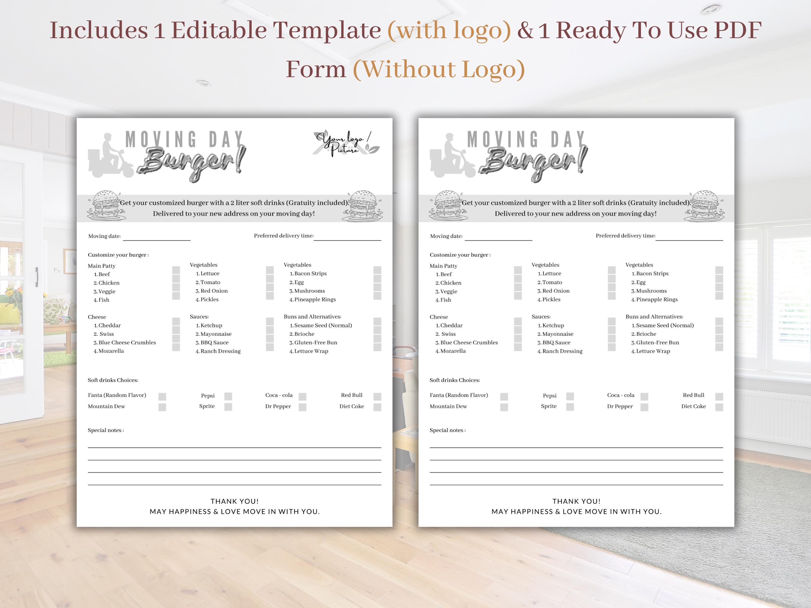 Burger Customization Form for Events, Moving Day Burger Order Form for ...