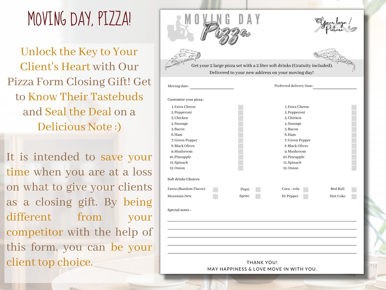 Pizza Personalized Party Order Form Closing Gift for Client, Real ...