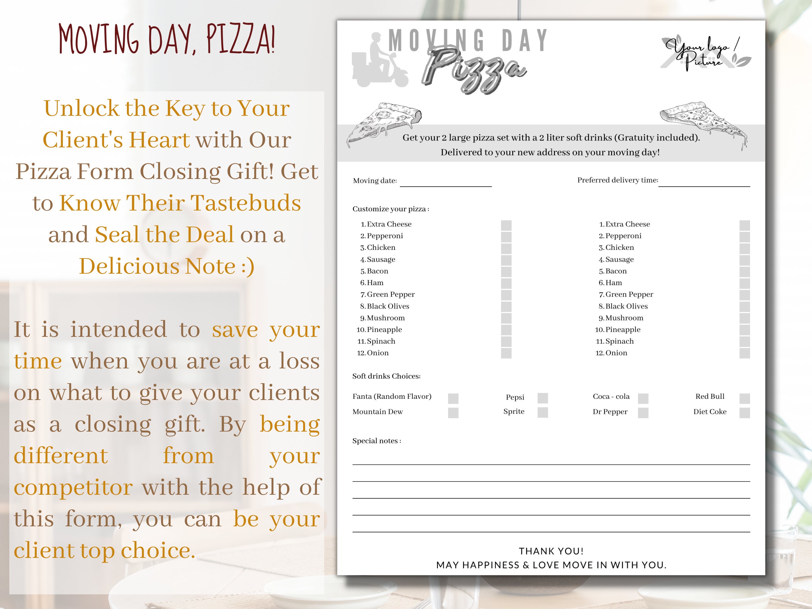Pizza Personalized Party Order Form Closing Gift for Client, Real ...