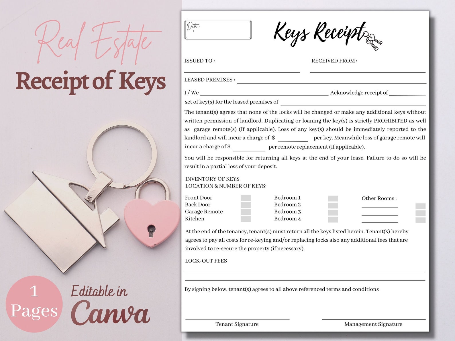 Receipt of Keys, Tenant Rental Lease Property Keys Management Agreement ...