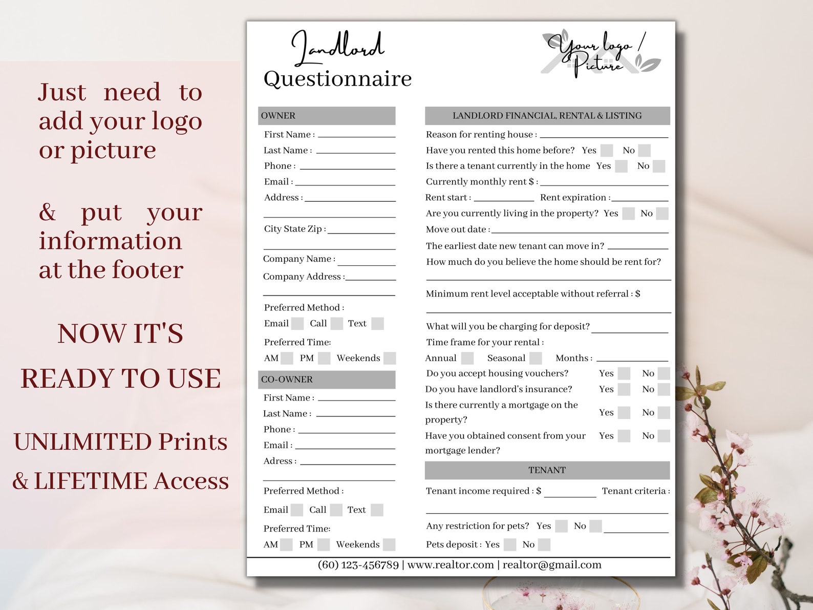 Landlord Home Rental Real Estate Questionnaire Application Sheet Form ...