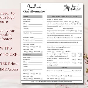 Landlord Home Rental Real Estate Questionnaire Application Sheet Form ...