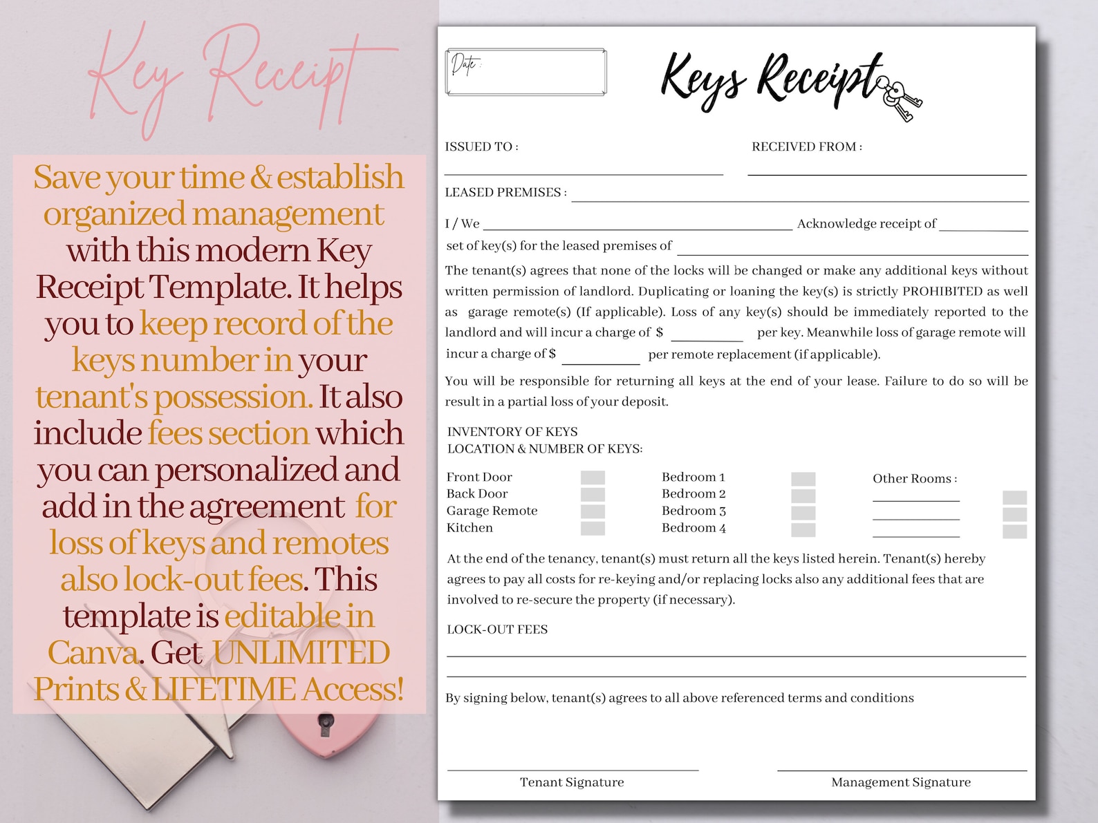 Receipt of Keys, Tenant Rental Lease Property Keys Management Agreement ...