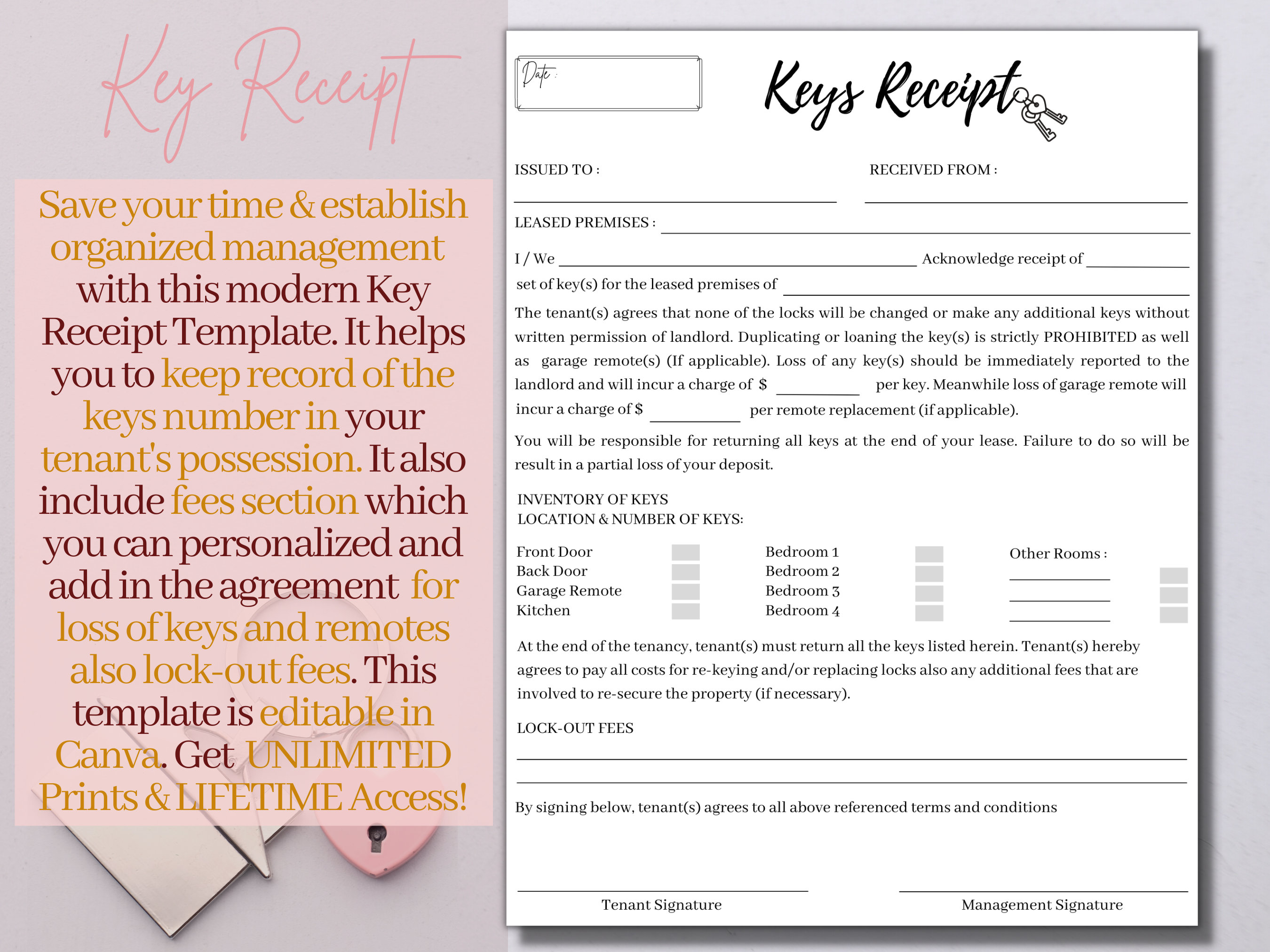 Receipt of Keys, Tenant Rental Lease Property Keys Management Agreement ...