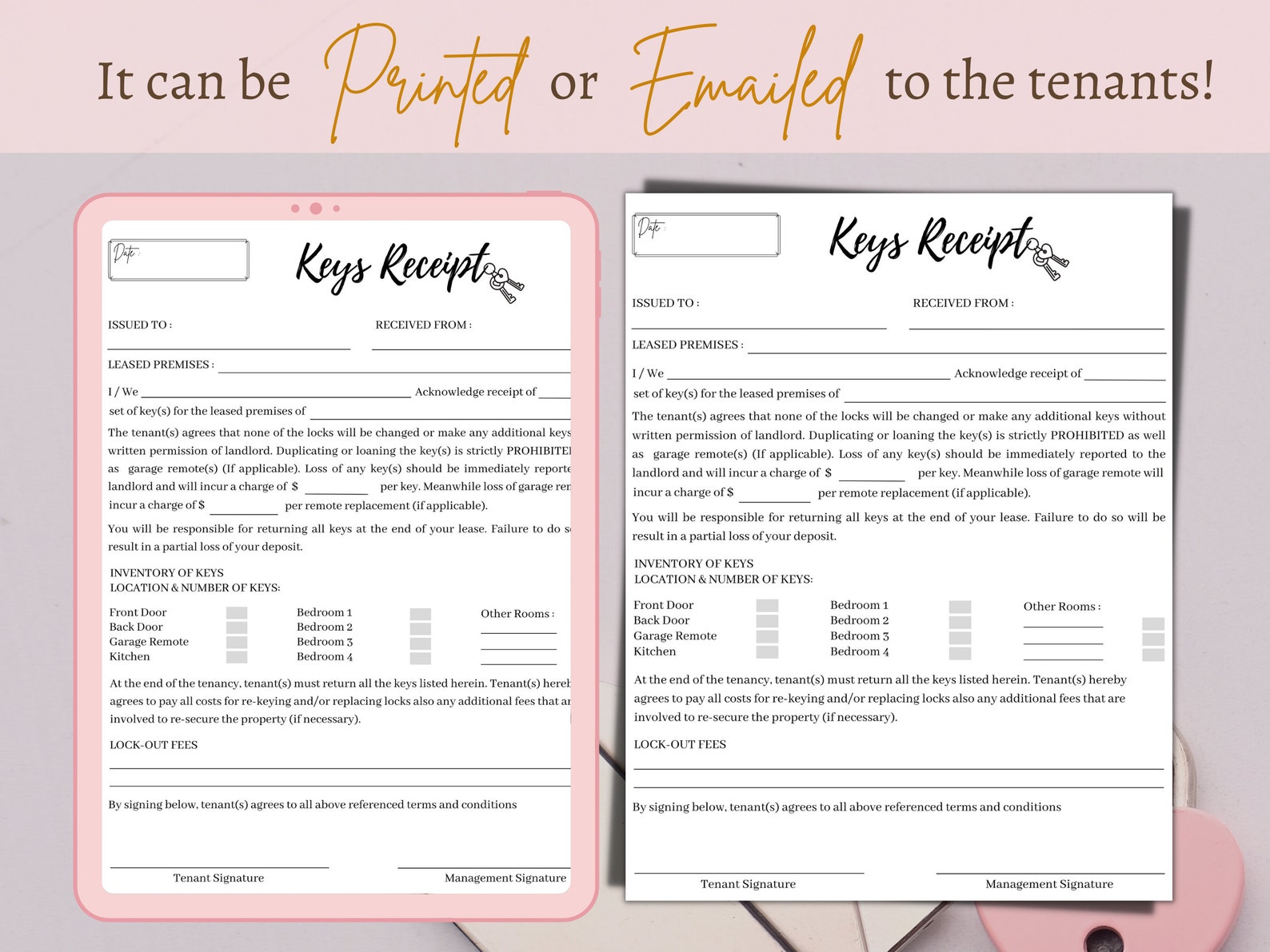 Receipt of Keys, Tenant Rental Lease Property Keys Management Agreement ...
