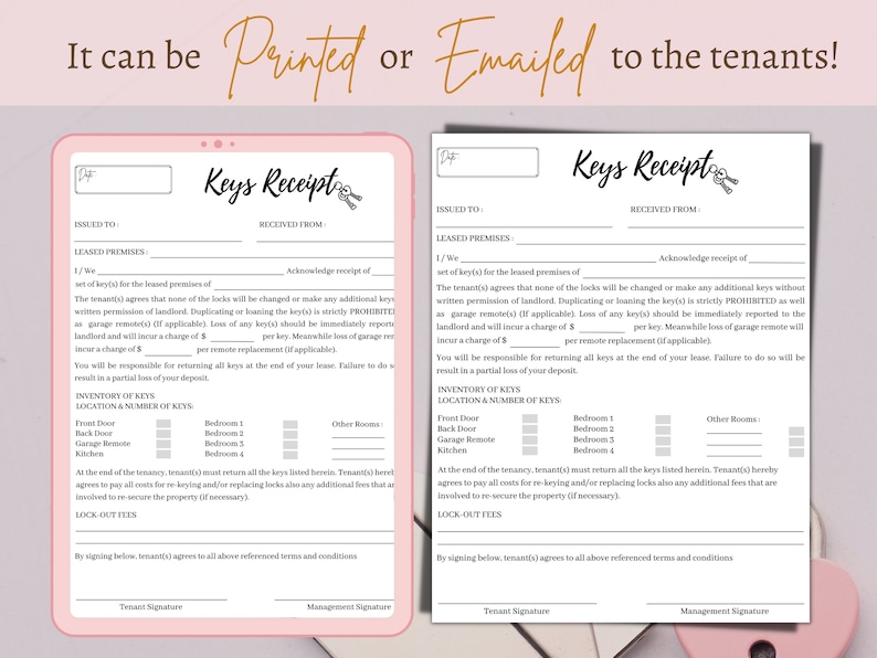 Receipt of Keys, Tenant Rental Lease Property Keys Management Agreement ...