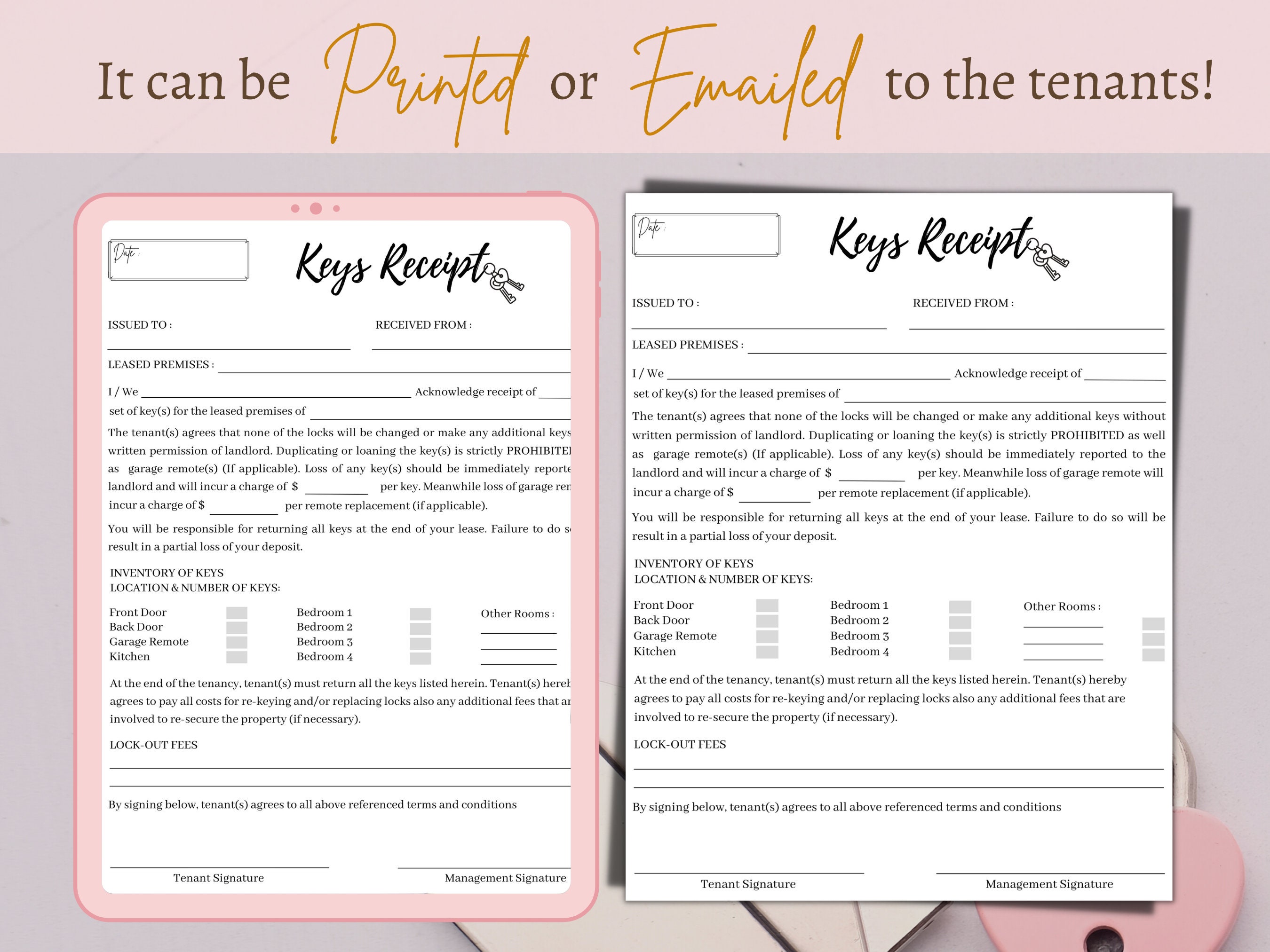 Receipt of Keys, Tenant Rental Lease Property Keys Management Agreement ...
