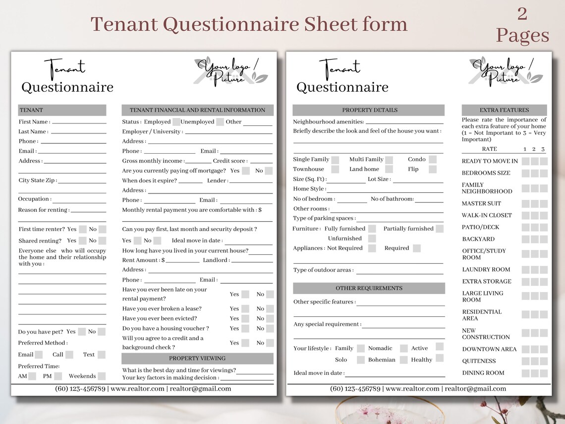 Tenant Rental Home Real Estate Questionnaire Application Sheet Forms ...