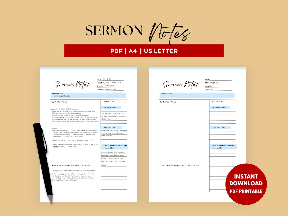 Sermon Notes Printable Template: Bible Study Journal (PDF) - Etsy
