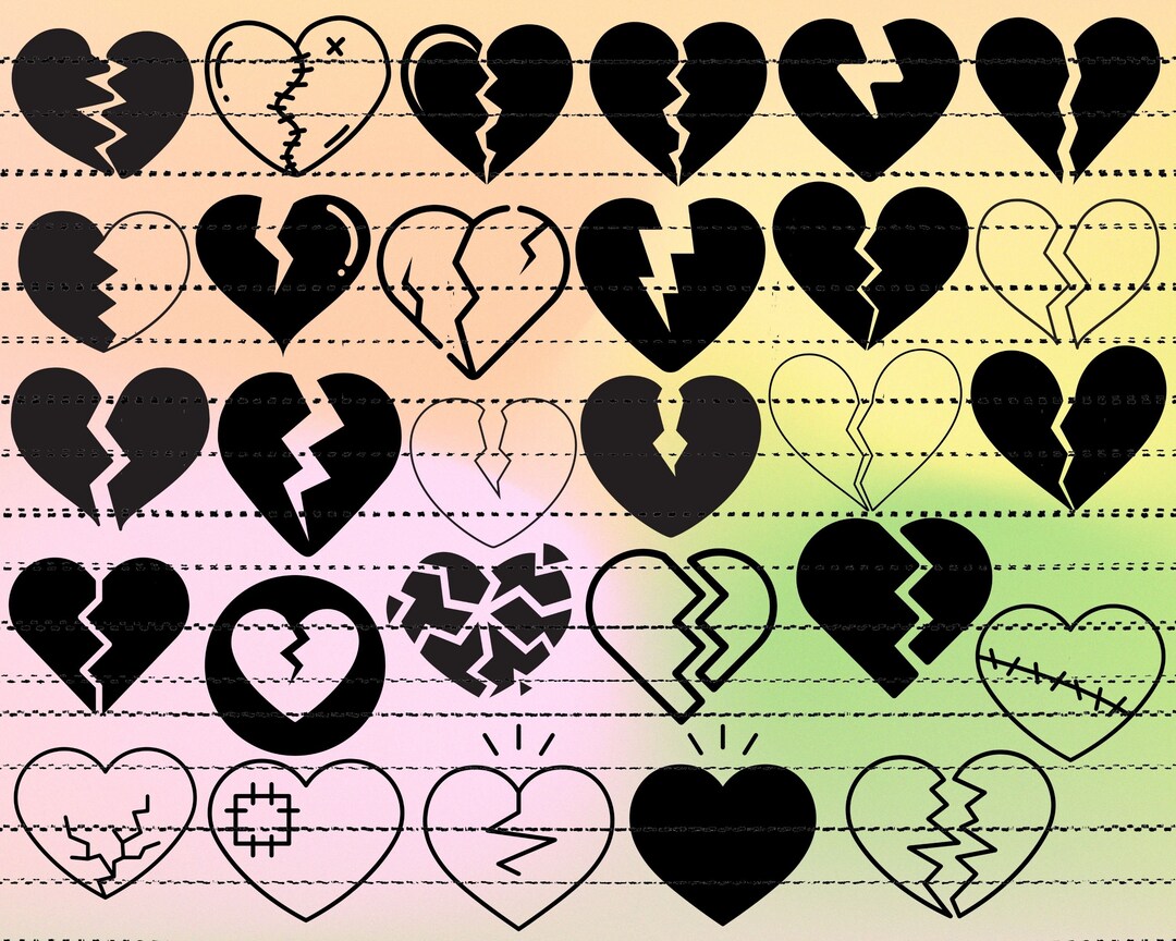 Corazón roto, silueta de corazón roto, ruptura, paquete de vectores de ...