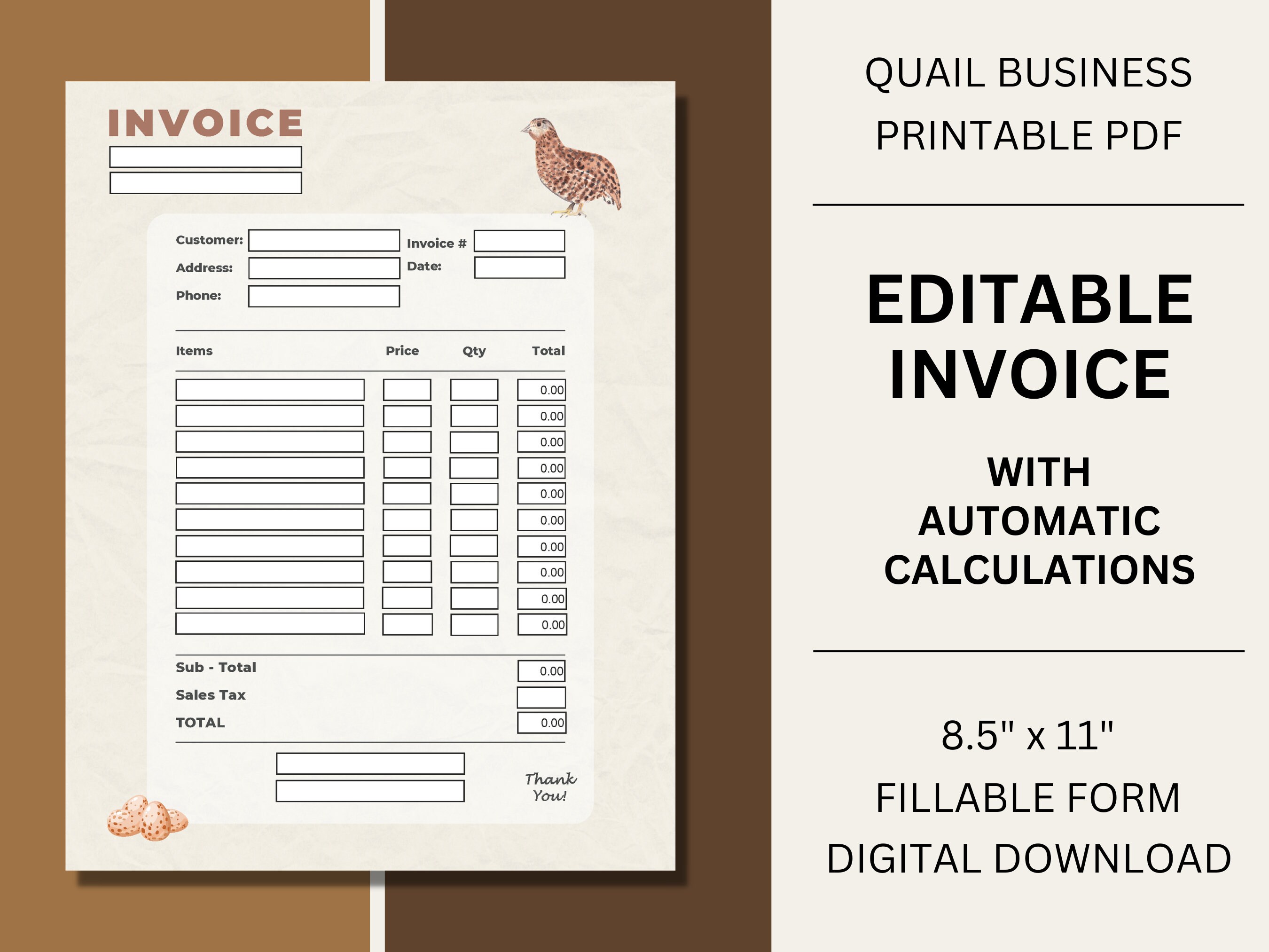 QUAIL Farm Business Sales Invoice Editable Printable PDF Digital ...