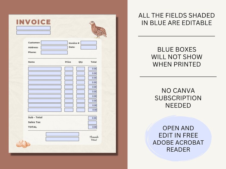 QUAIL Farm Business Sales Invoice Editable Printable PDF Digital ...