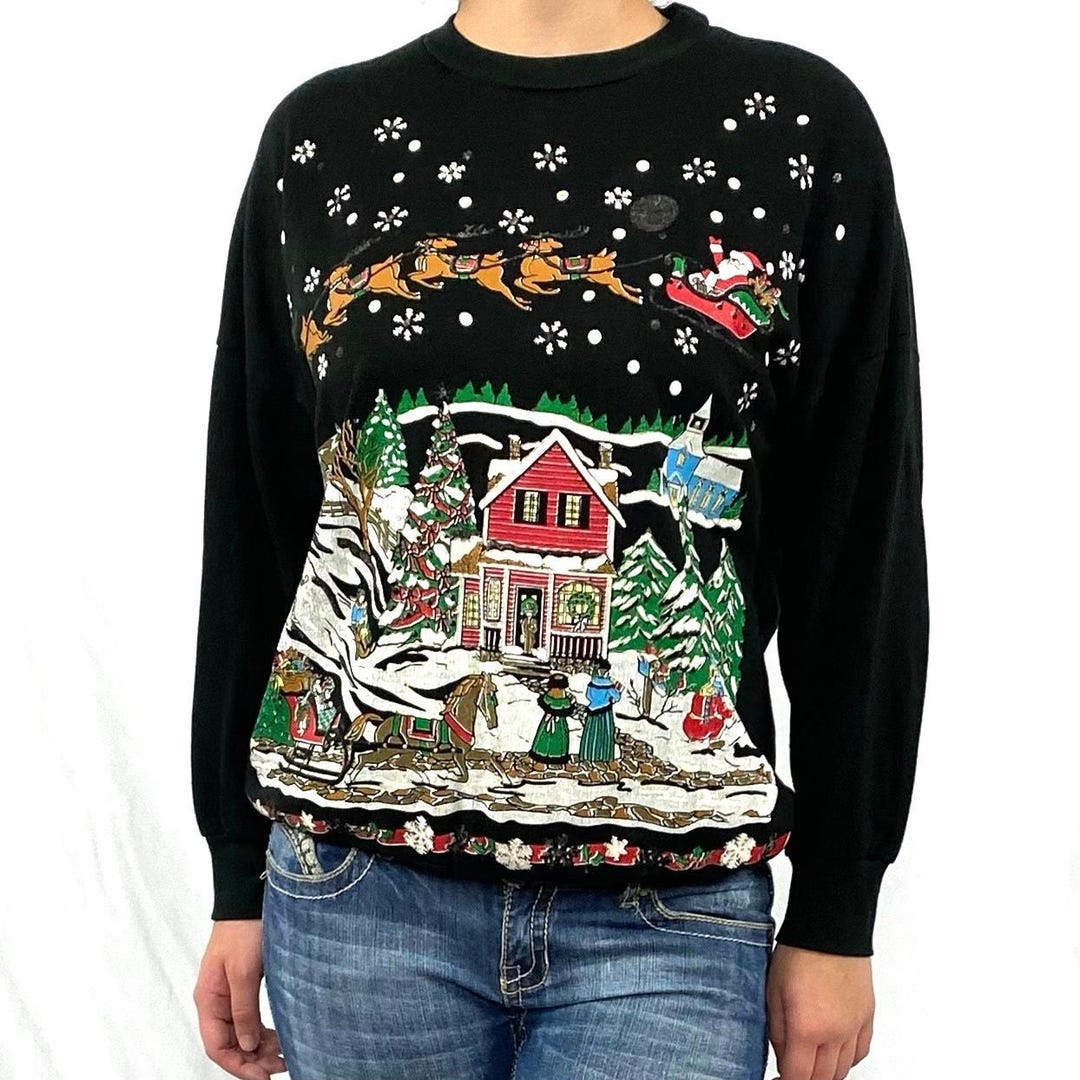Vintage Christmas Victorian Country Scene Pull Over Graphic Crewneck ...