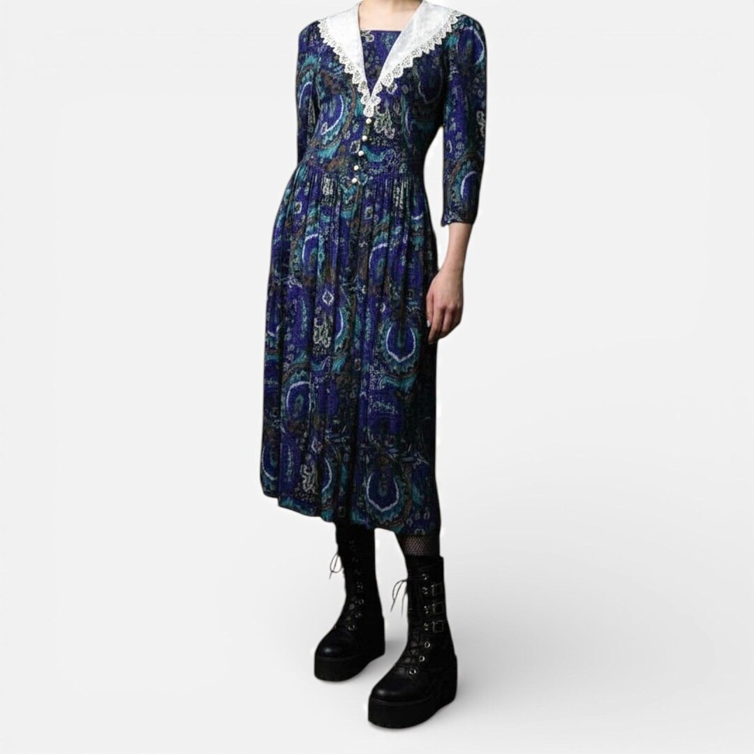Vintage Bertha Collar Paisley Pearl Button Pleated Midi Dress Sz Small ...