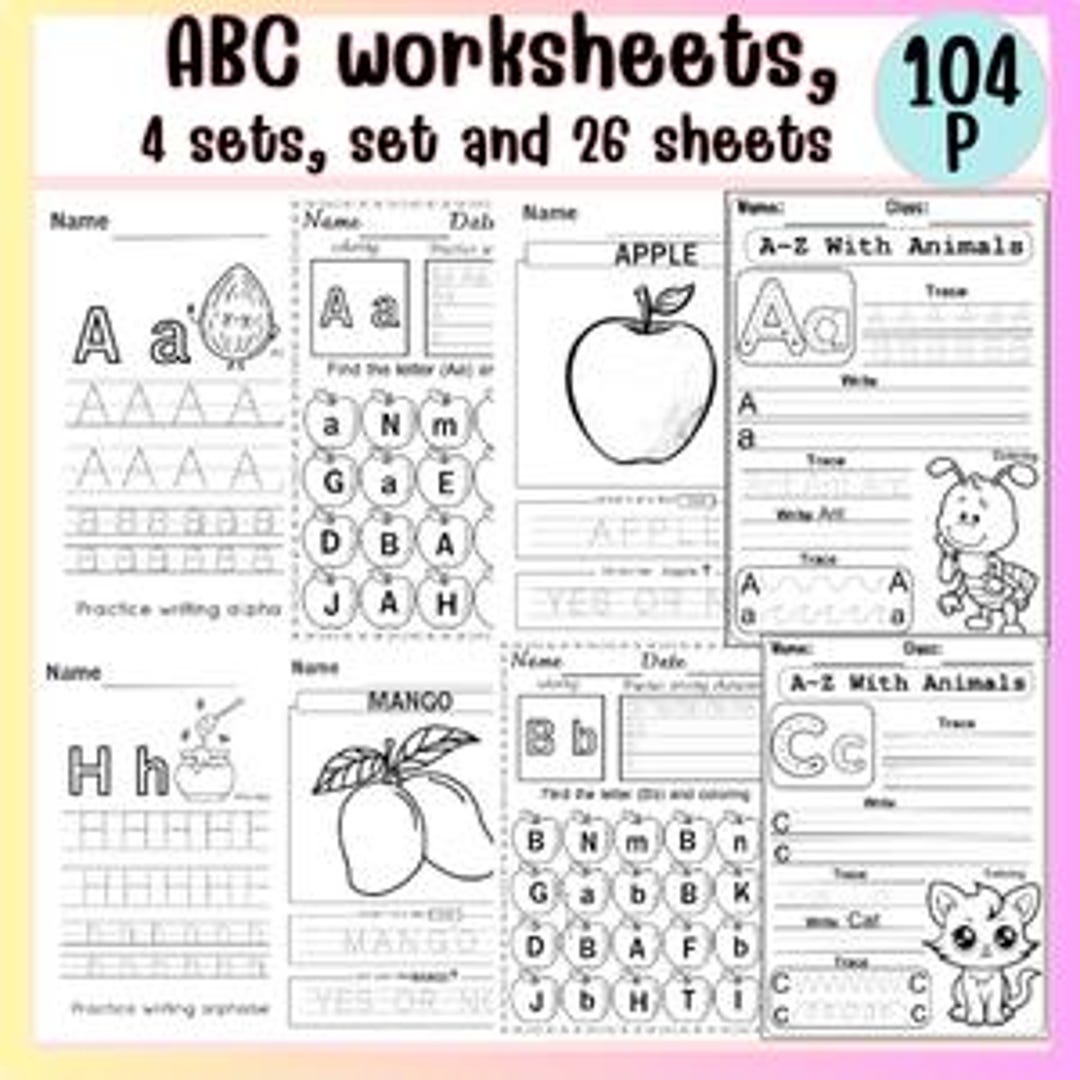 ABC Worksheets Bundle - 4 Sets With 104 Pages - Etsy