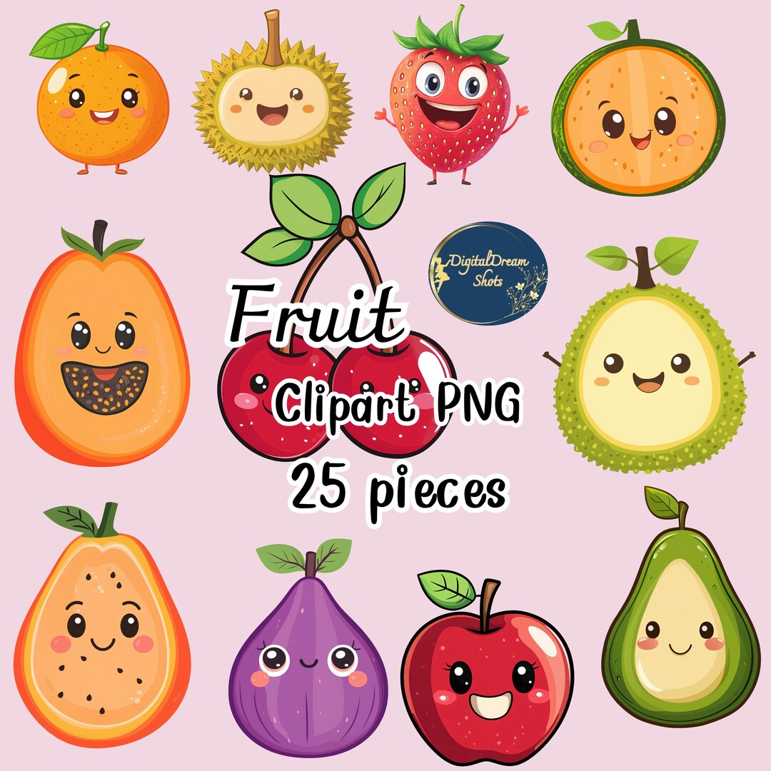 Cute Kawaii Fruit Clipart Set 25 PNG Pieces Digital Download - Etsy