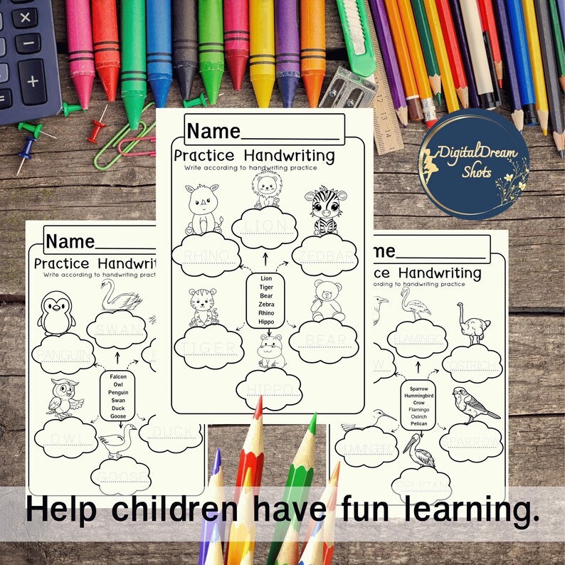 Animal Themed Handwriting Practice Worksheet for Kids Cute Animal ...