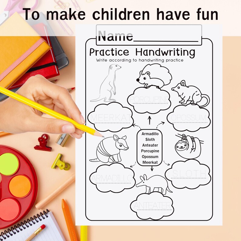 Animal Themed Handwriting Practice Worksheet for Kids Cute Animal ...