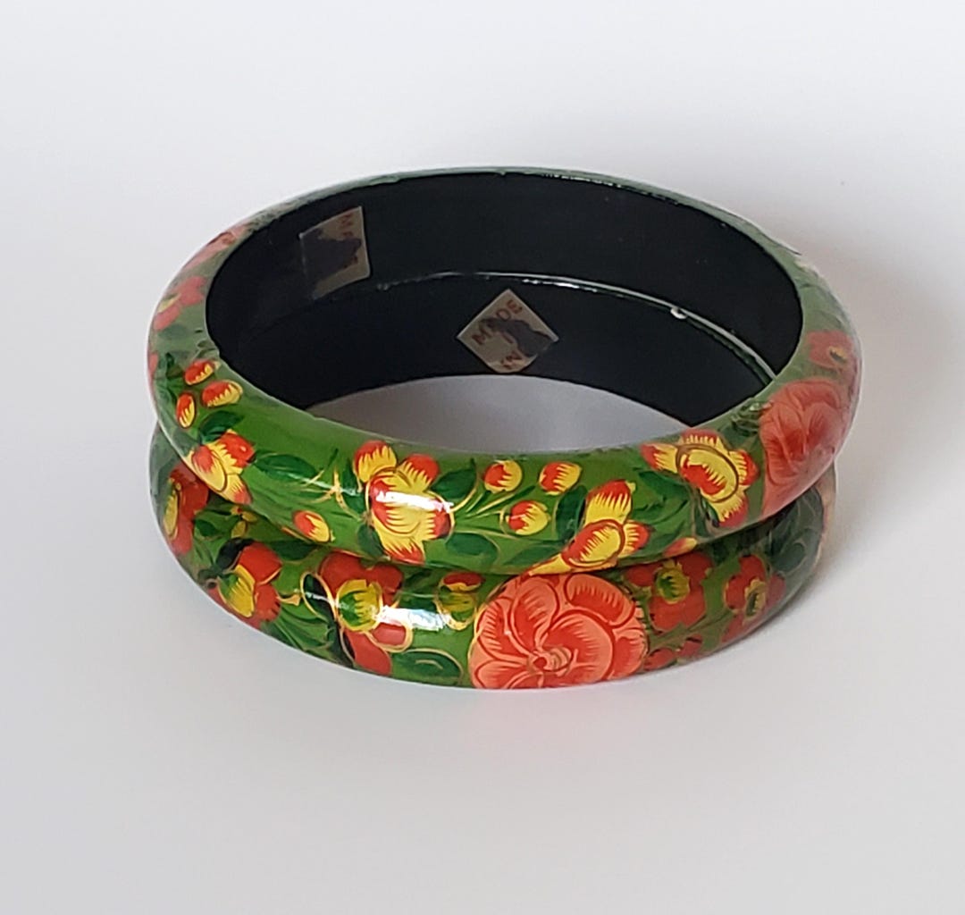 Vintage Kashmir Wood Paper Mache Colorful Floral Bangles Set of Two ...